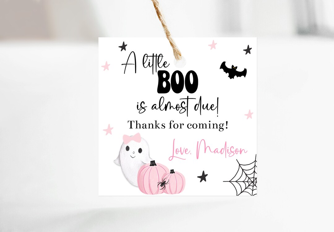 Editable Pink Halloween Boo Favor Tag, A Little Boo is Almost Due ...