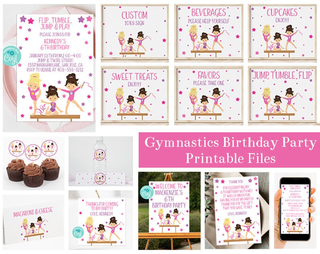 Gymnastics Birthday Party Bundle, Editable Gymnastics Party Set, Girls ...