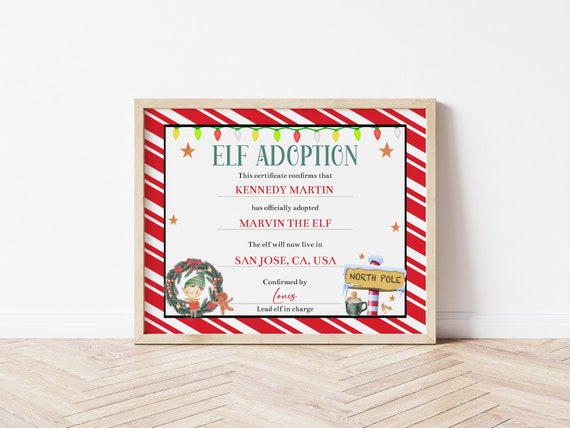 Editable Elf Adoption Certificate Template, Boy or Girl Elf Sign, Kids ...