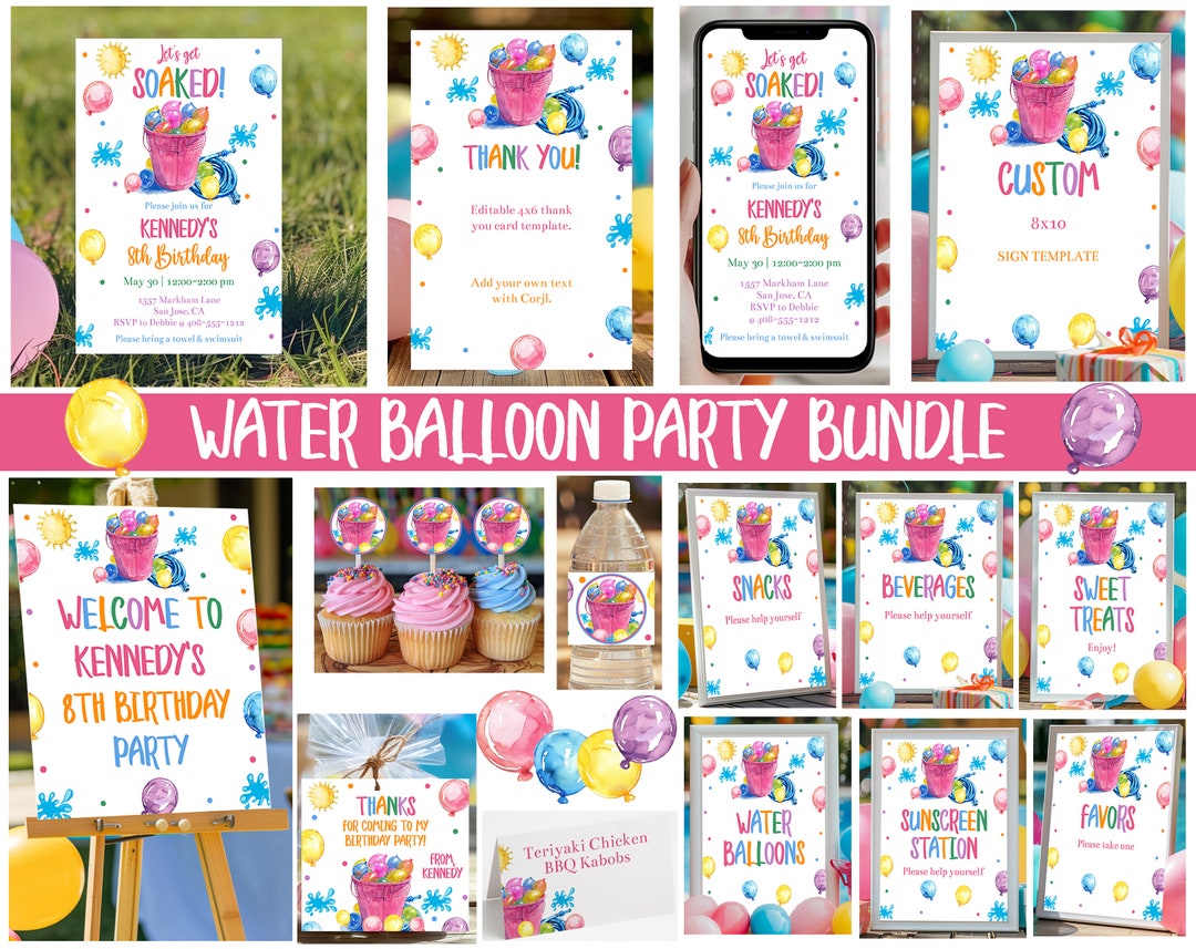 Editable Water Balloon Birthday Party Bundle Templates Printable Pink ...