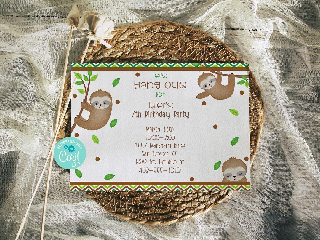 Editable Sloth Birthday Invitation Template Sloth Party - Etsy