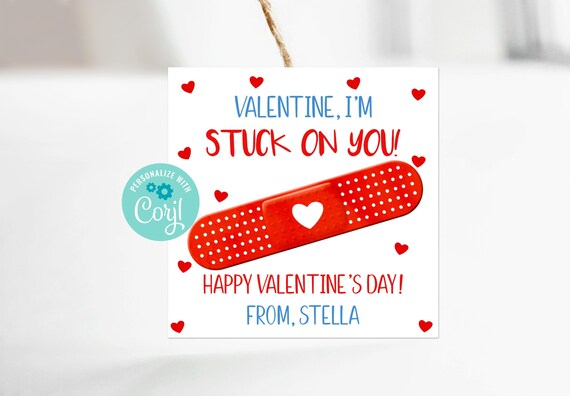 Editable I'm Stuck On You Bandage Valentine Card For Kids, Valentines ...