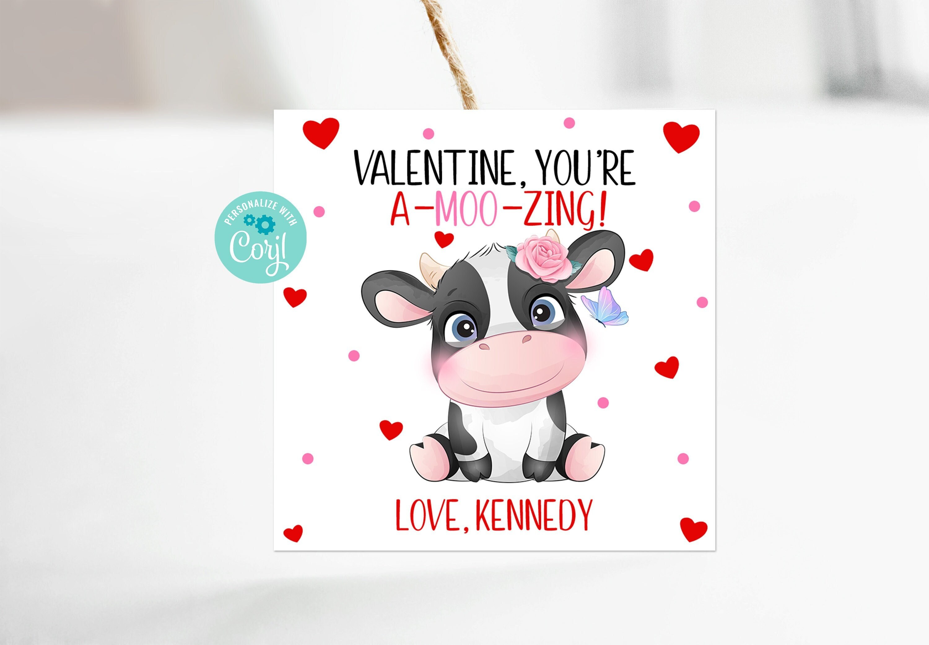 Printable Cow Valentine, Farm Valentine Tag, You're A-moo-zing ...