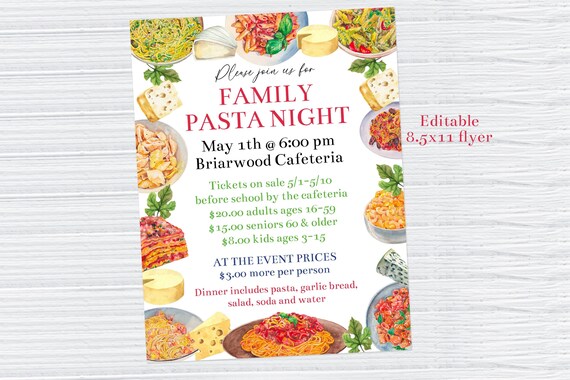 Editable Pasta Night Flyer Template Printable Pasta Dinner School ...