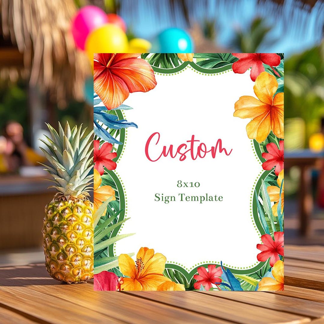 Editable Luau Custom Sign Template, Printable Palm Leaf and Hibiscus ...