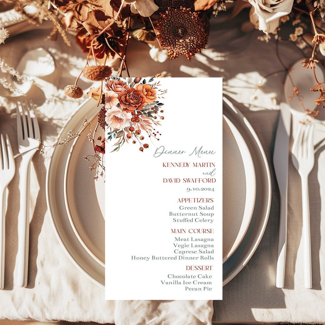 Terracotta Boho Editable Fall Wedding Dinner Menu Card Template ...