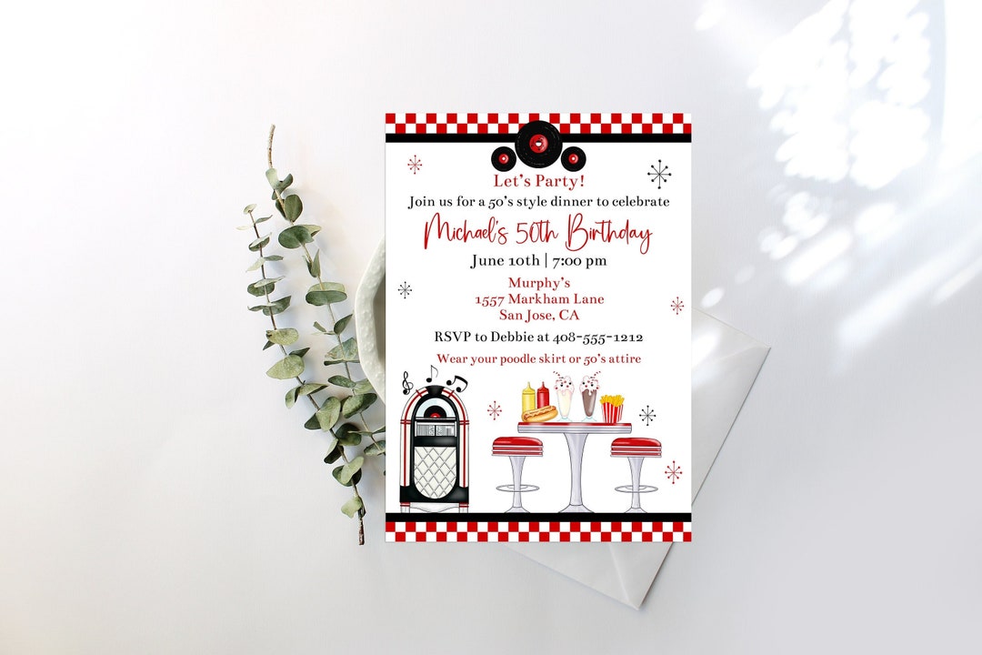 Editable 50's Birthday Party Invitation Template, 50's Party, Diner Invitation, Juke Box Invite ...