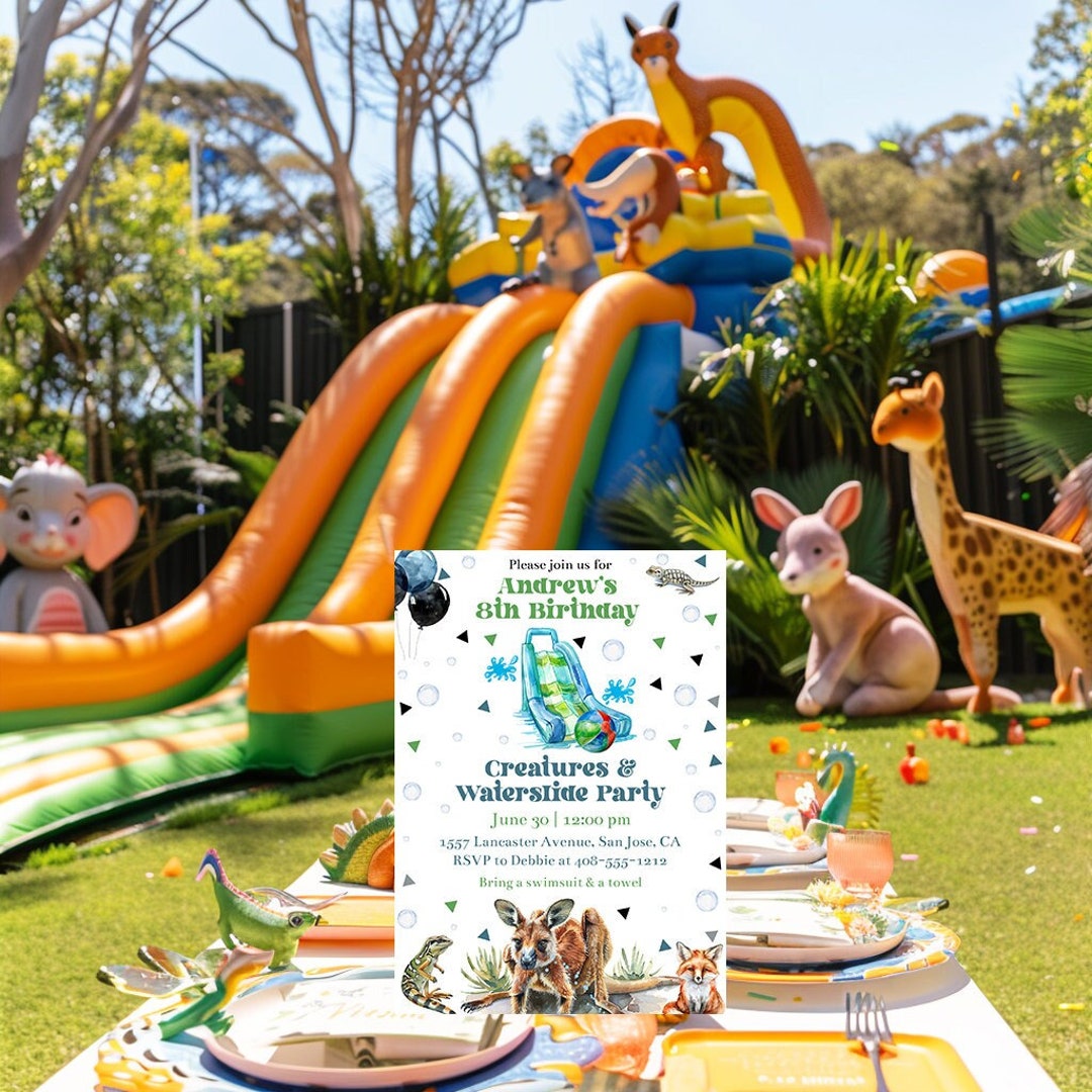 Editable Animal Creatures Waterslide Birthday Party Invitation Template ...