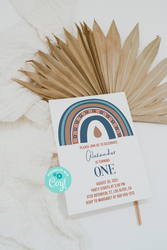 Editable Boho Rainbow Birthday Party Invitation, Blue Rainbow, Birthday ...