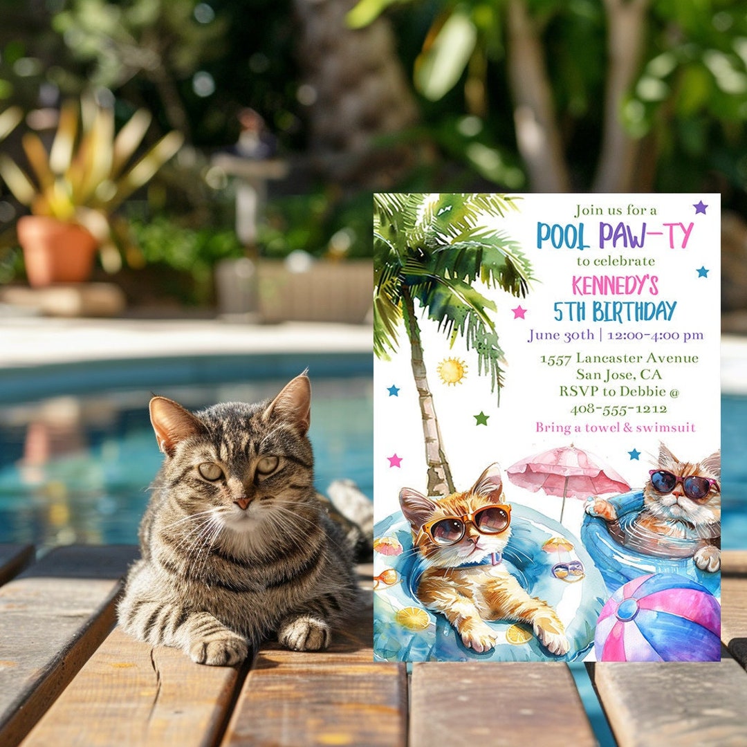 Editable Cat Pool Paw-ty Birthday Invitation Template, Printable ...