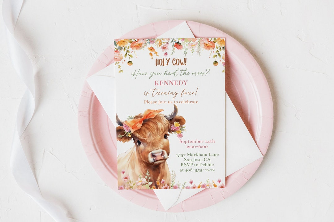 Editable Highland Cow Birthday Party Invitation Template, Holy Cow Have ...