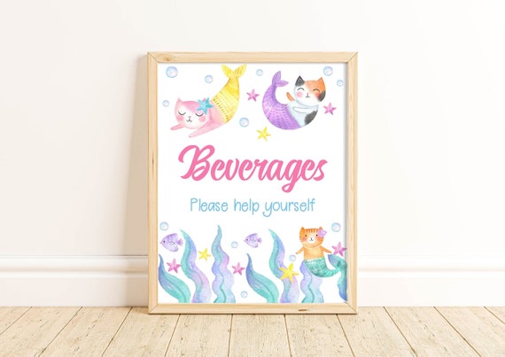 MerCat Birthday Party, Beverage Sign, Mermaid Cat, Purrmaid, Mermaid ...