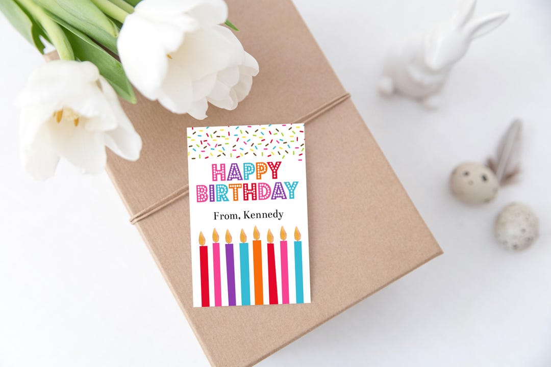 Editable Rainbow Happy Birthday Tag, Birthday Candle Gift Tags ...
