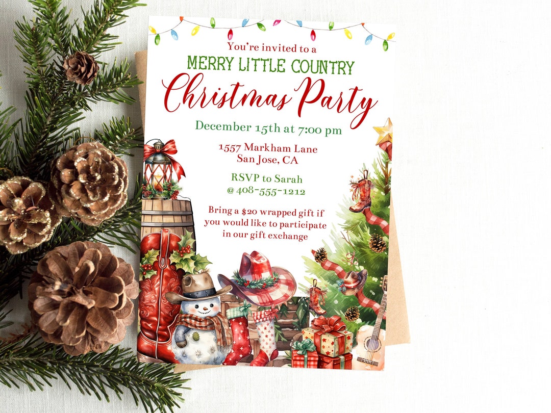 A Merry Little Country Christmas Party Invitation Template, Editable ...
