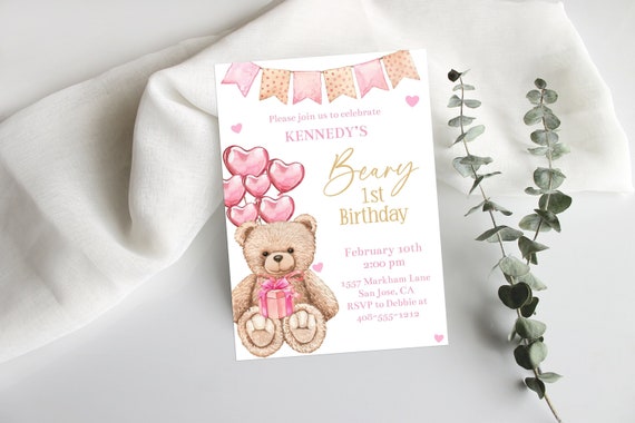 Editable Teddy Bear 1st Birthday Party Invitation Template Printable ...