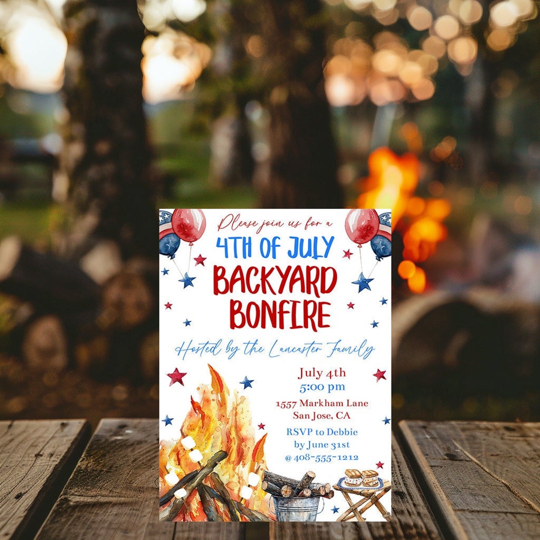 4th of July Backyard Bonfire Invitation Template, Editable Bonefire ...
