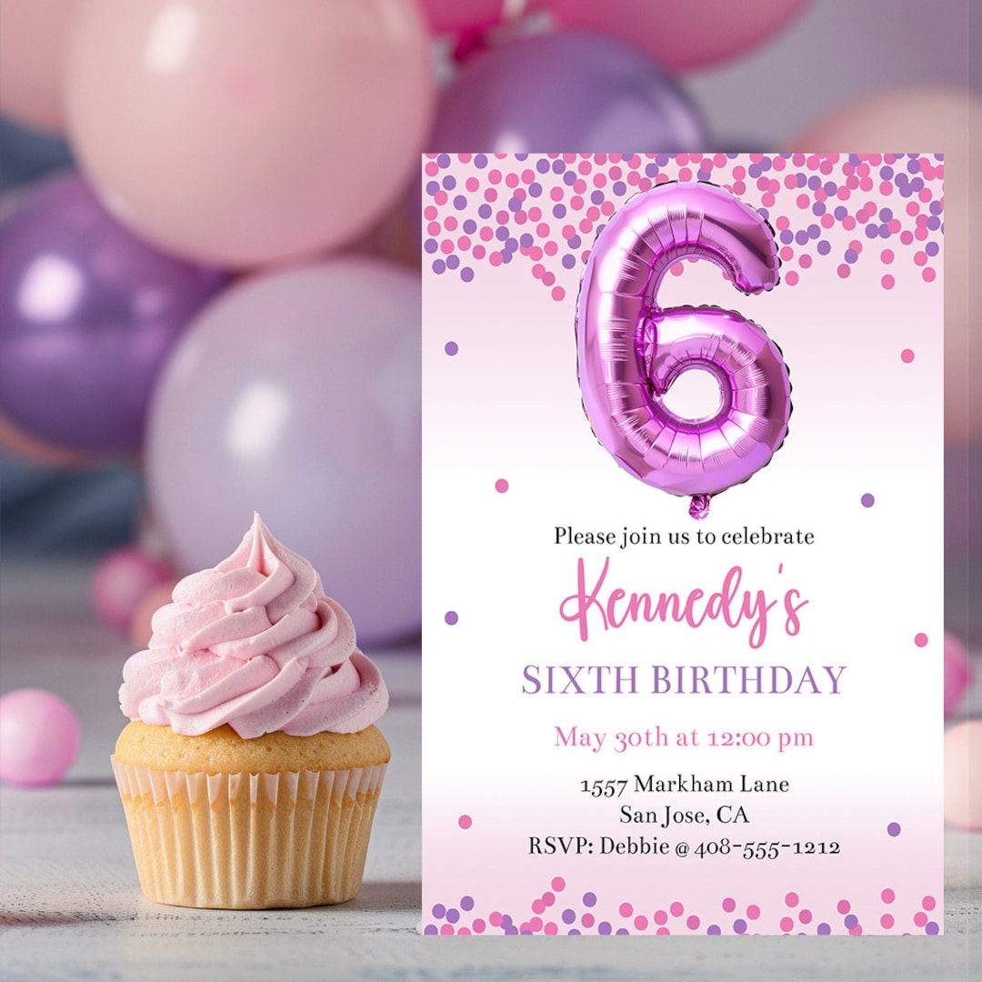Editable 6th Pink Birthday Party Invitation, Purple Sixth Birthday ...