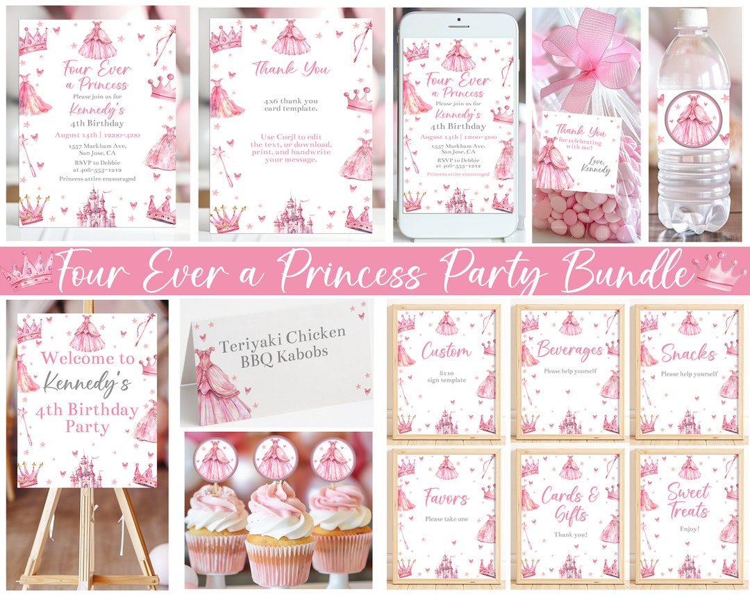 Editable FOUR Ever a Princess Birthday Party Bundle Printable Princess ...
