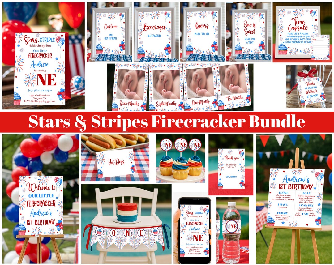 Editable Stars Stripes Firecracker 4th of July 1st Birthday Bundle ...