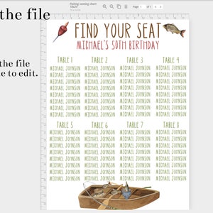 Editable Fishing Seating Chart Template, Printable Fishing Birthday or ...