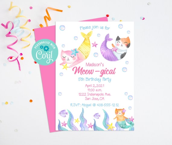 Editable Mercat Invitation, Mermaid Cat, Purrmaid, Corjl, Birthday ...