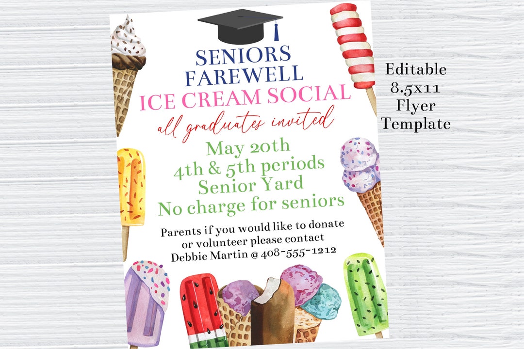 Editable Graduation Ice Cream Social Flyer Template, Seniors Farewell ...