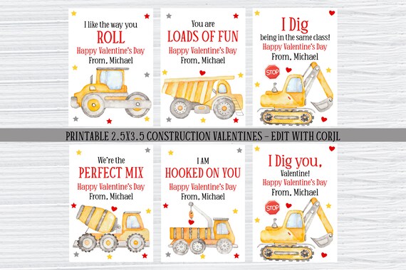 Editable Construction School Valentines, Printable Kids Valentine Cards ...