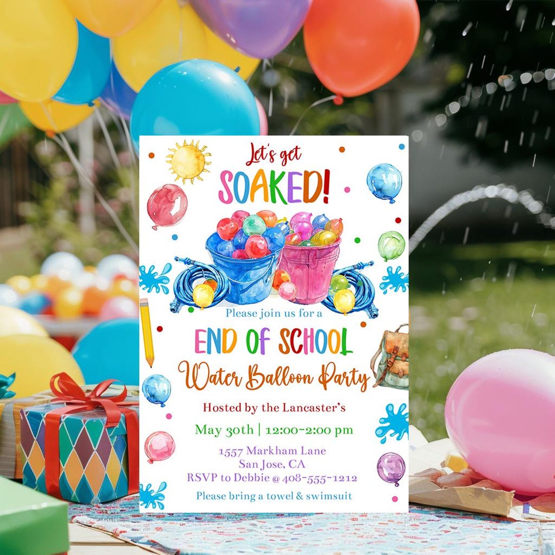 Editable End of School Water Balloons Party Invitation Template ...