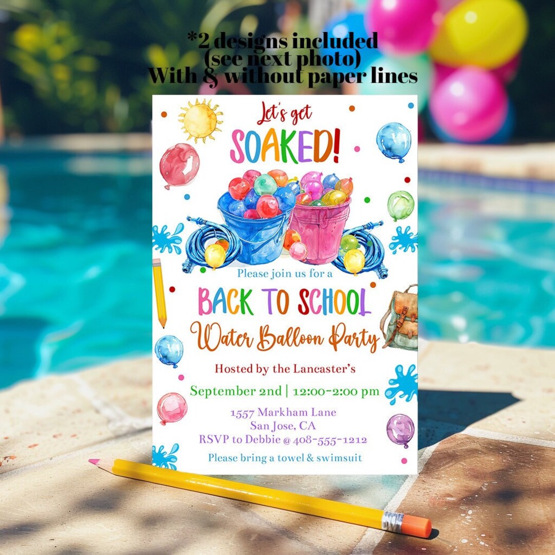 Editable Back to School Water Balloon Party Invitation Template ...