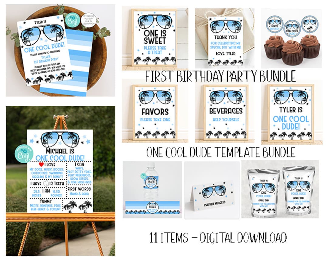 One Cool Dude 1st Birthday Party Bundle Templates, Blue and Black First ...