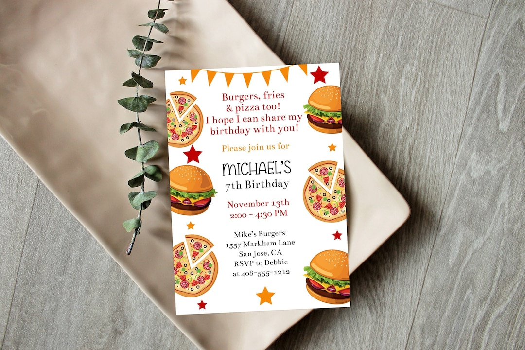 Editable Burgers and Pizza Birthday Invitation Template, Printable Fast ...