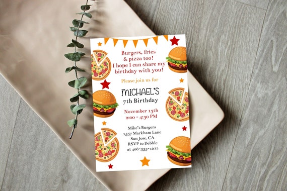Editable Burgers and Pizza Birthday Invitation Template, Printable Fast ...