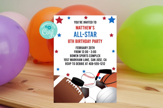 Editable All Star Sports Invitation, Printable Sports Birthday Party ...