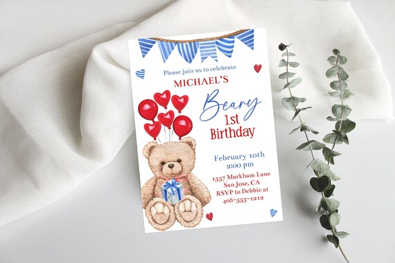 Editable Teddy Bear 1st Birthday Party Invitation Template Printable ...