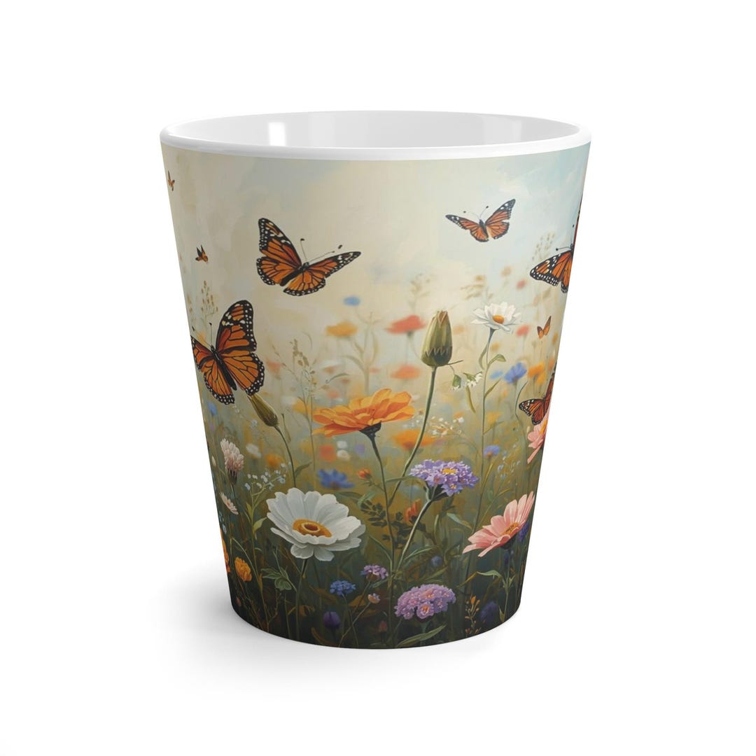 Monarch Butterflies Floral Field Latte Mug | Spring Wildflower Scene - Etsy