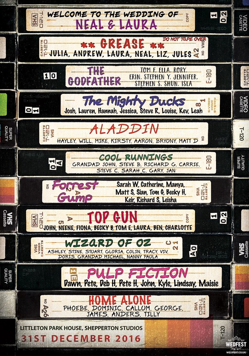 VHS 80's Movies Retro Wedding Table Plan - Retro Wedding Table Plan ...