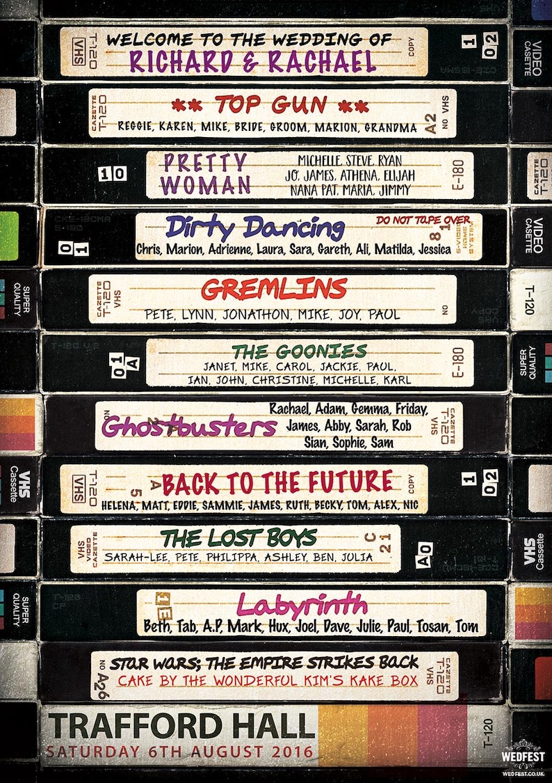 VHS Video Tape Movies Wedding Table Plan - Retro Wedding Table Plan ...