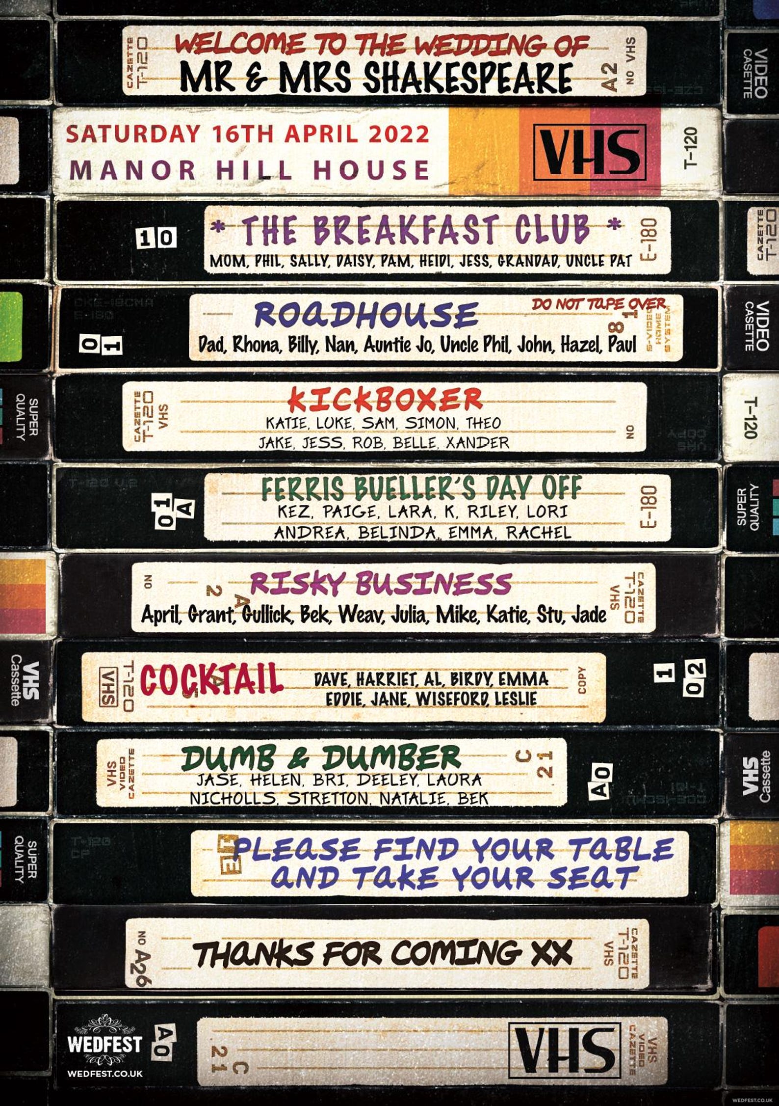 VHS Video Tape Movies Wedding Table Plan - Retro Wedding Table Plan ...