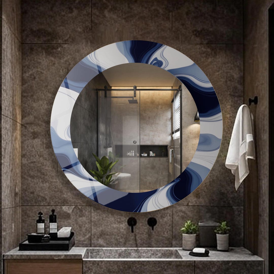 Round Blue Cloud Glass Mirror | Japanese Ukiyo-e Style Wall Decor - Etsy