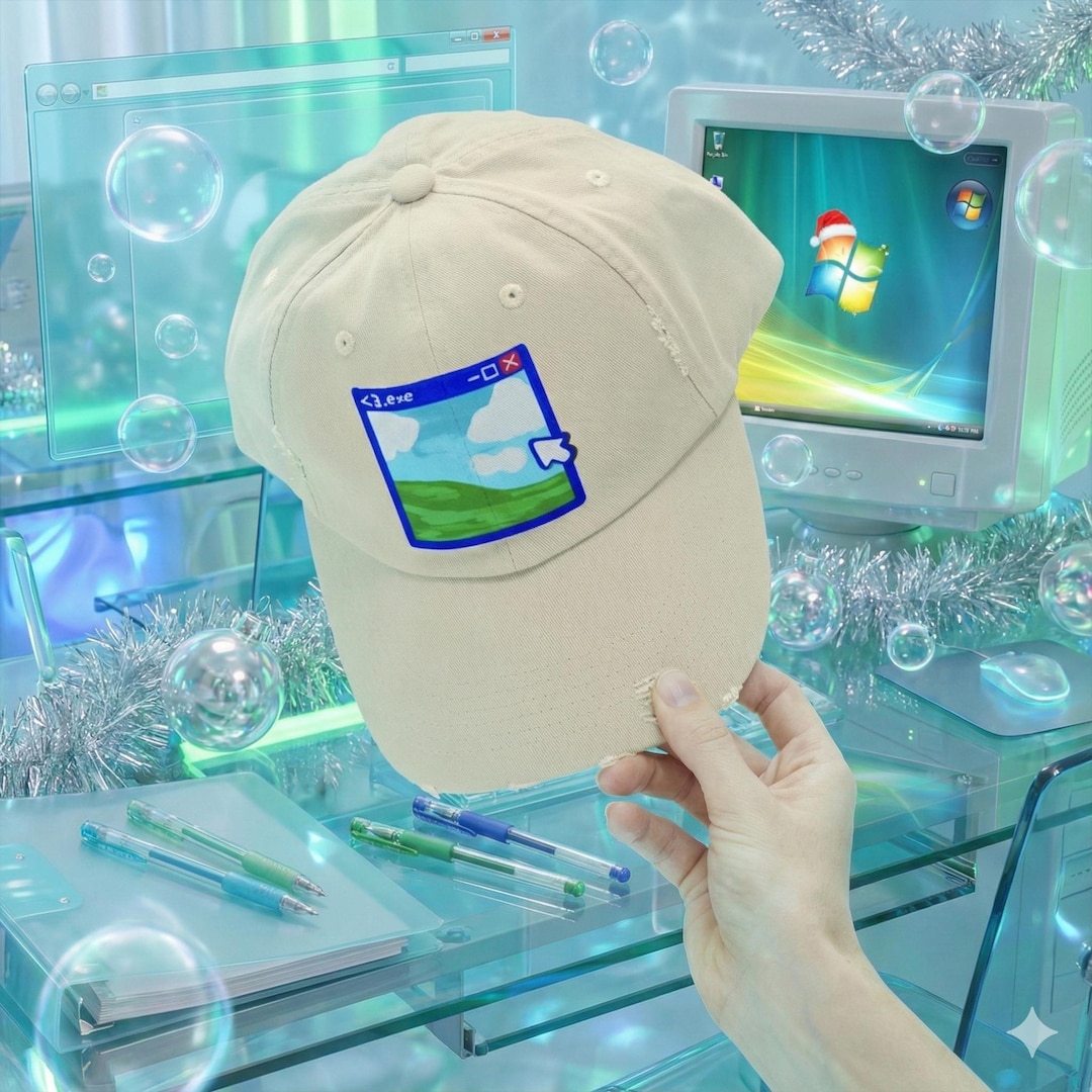 Frutiger Aero Bliss Hill Distressed Hat, Windows XP Aesthetic Dad Cap ...