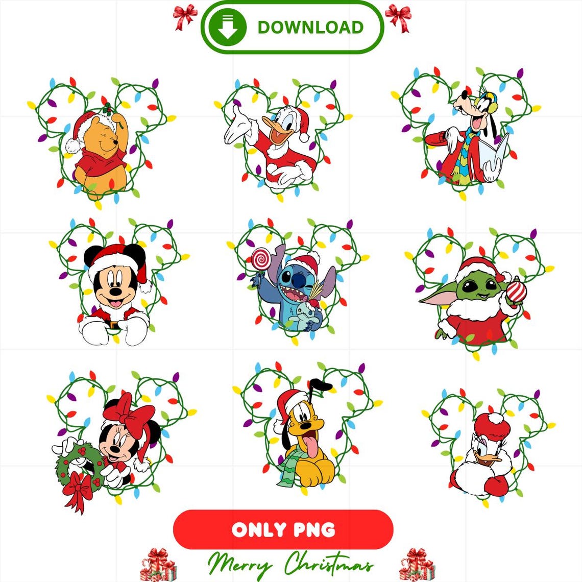 Christmas Mickey Lights PNG Bundle, Cute Disney Character Heads Clipart ...