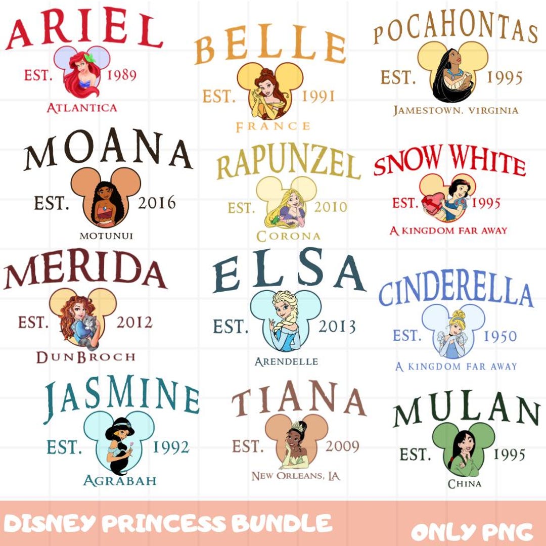 Disney Princess PNG Bundle, Princess Names Clipart, Ariel Belle Elsa ...