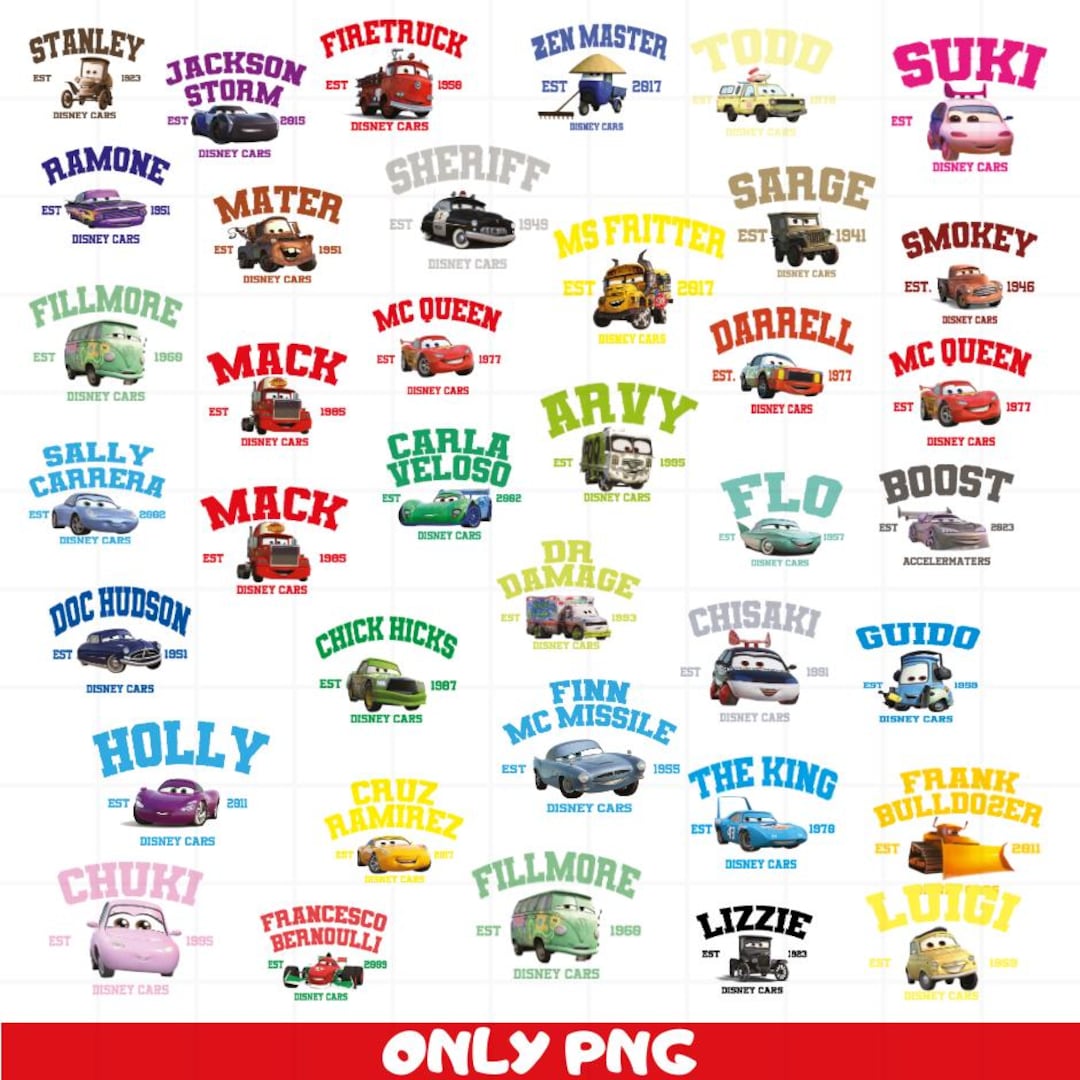 Disney Cars Characters PNG Bundle, Lightning Mcqueen Mater Sally Cruz ...