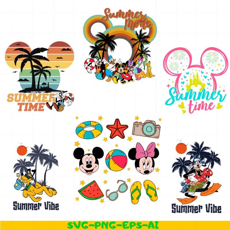 Summer Vacation SVG Bundle, Cartoon Beach Clipart Set, Retro Palm Tree ...