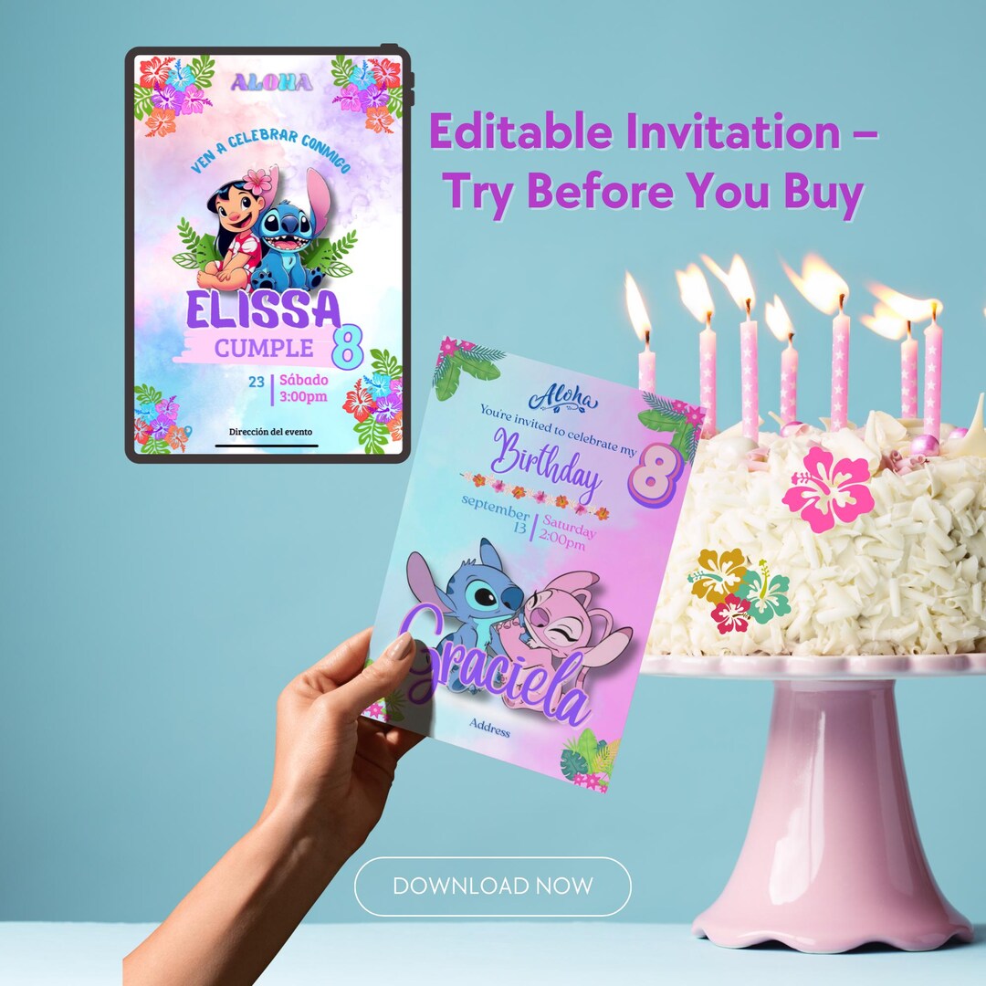Editable Birthday Invitation Lilo Stitch + Angel | Spanish + English ...
