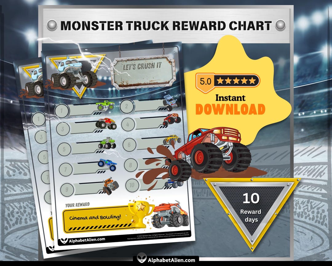 Monster Truck Reward Chart • Instant PDF Download! 10 Steps to the ...