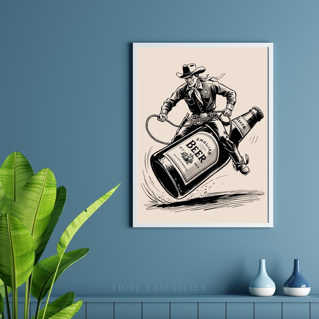 Cowboy Riding a Beer Bottle, Vintage Cowboy Beer Poster, Retro Wall Art ...