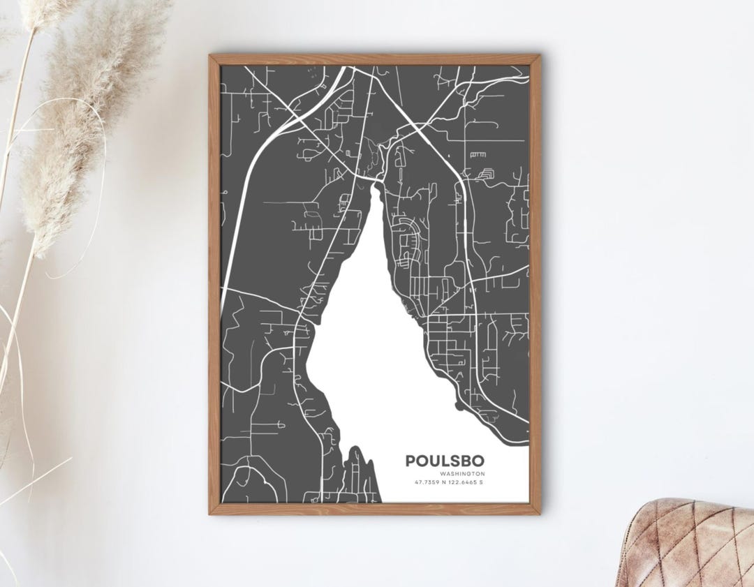 Poulsbo Washington Map, Poster, Wall Art Home Decor City Map, Black and ...