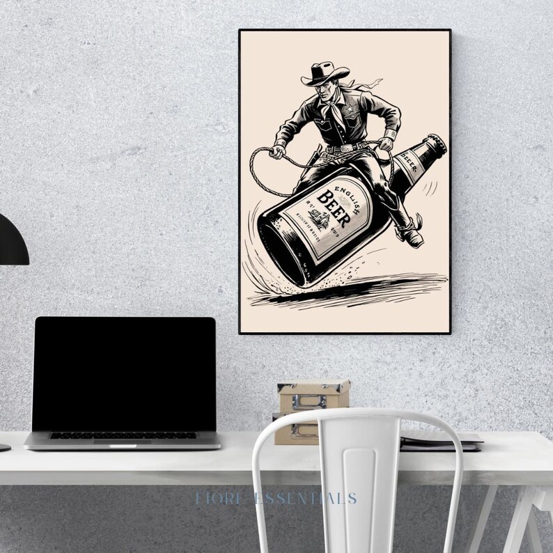 Cowboy Riding a Beer Bottle Sketch – Funny Western Wall Art, Country ...