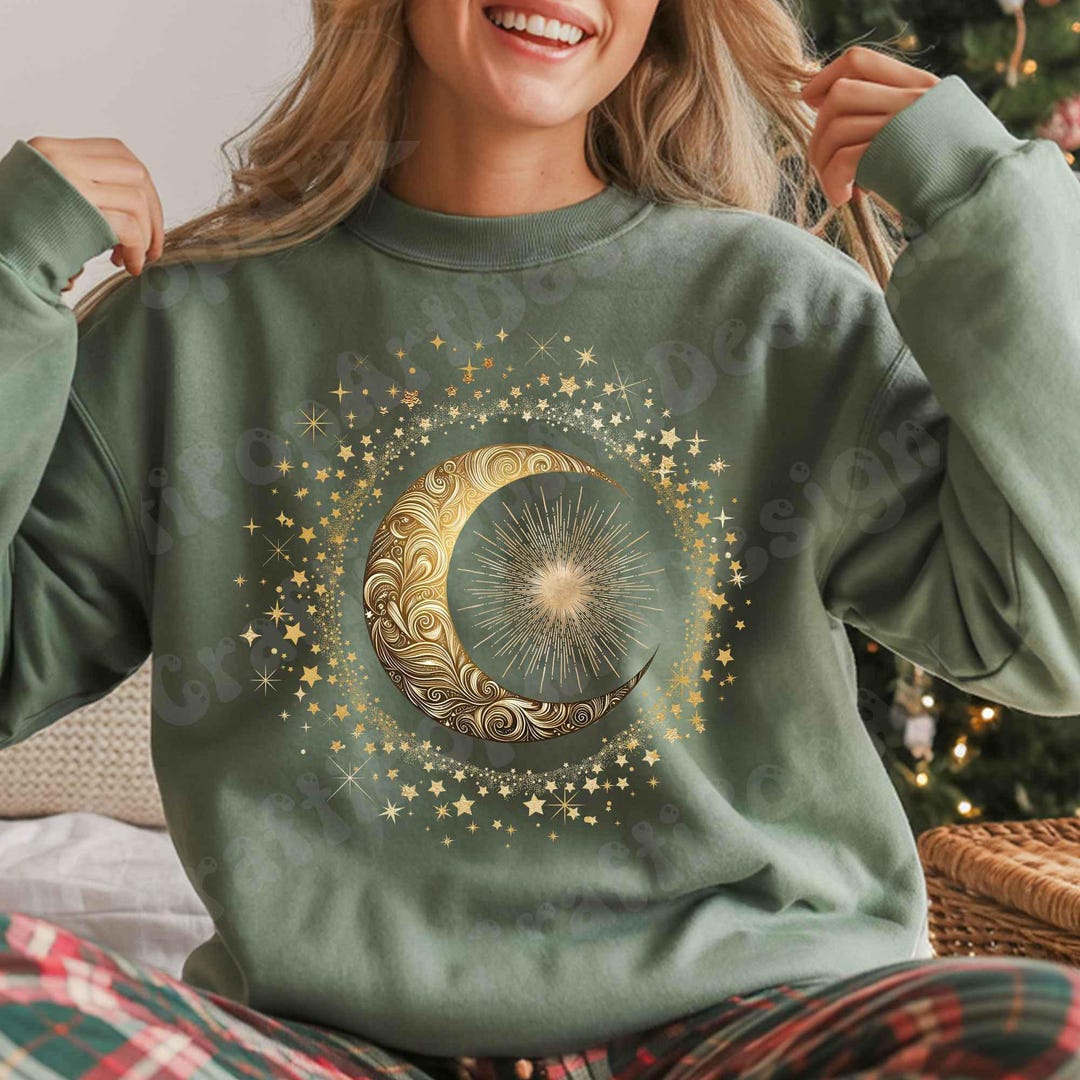 Celestial Crescent Moon DTF, Gold Swirl Moon & Starburst Sun Design ...